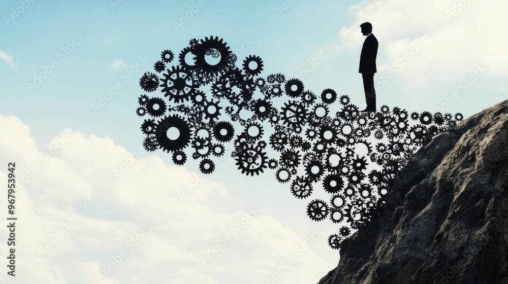 A human silhouette standing on one side of a gap with scattered ...