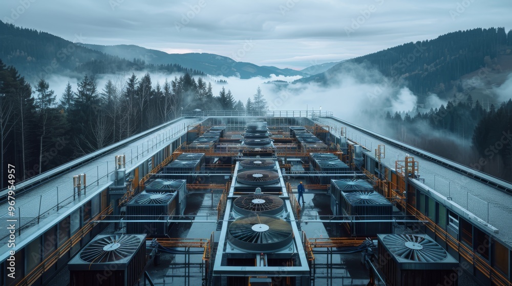Rooftop HVAC units on a building with misty mountain landscape in the ...