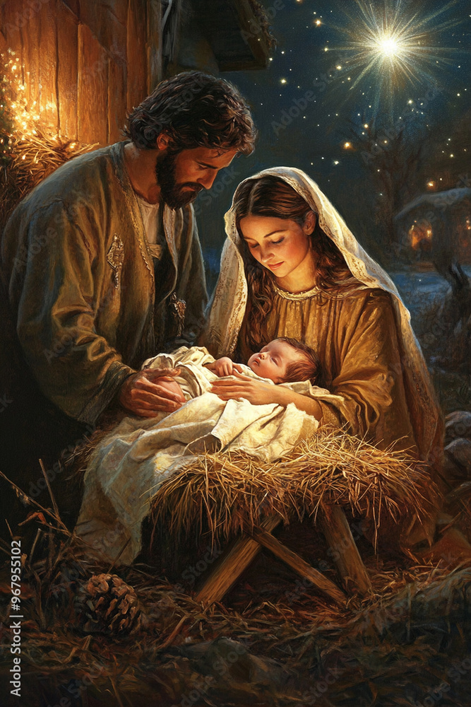 Nativity of Christ. Mary, Joseph and baby Jesus, surrounded by animals ...
