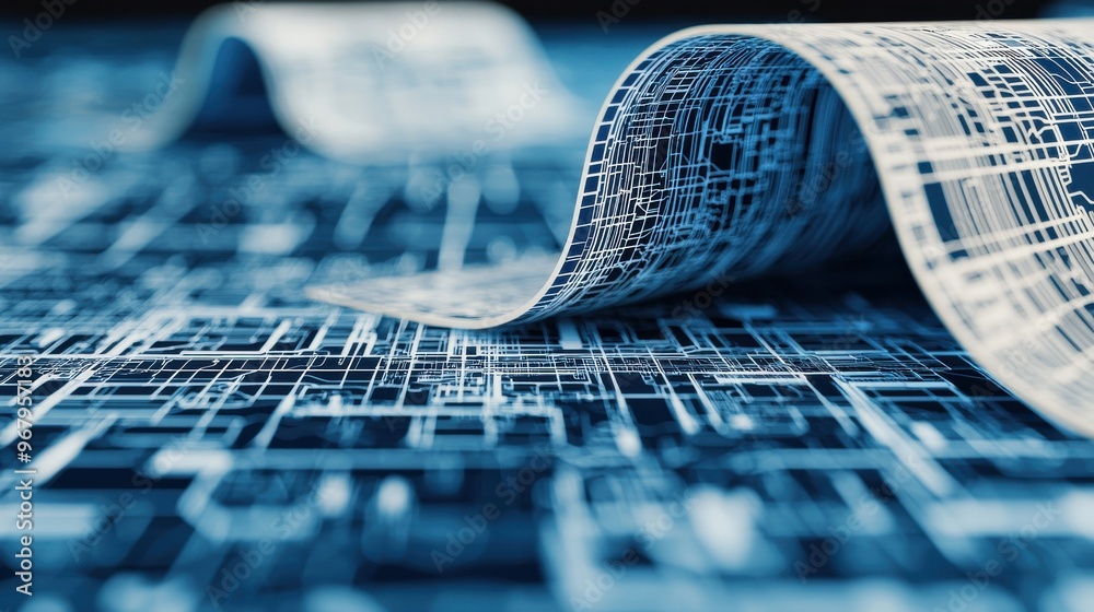 A layered blueprint with transparent pages, each layer revealing a ...