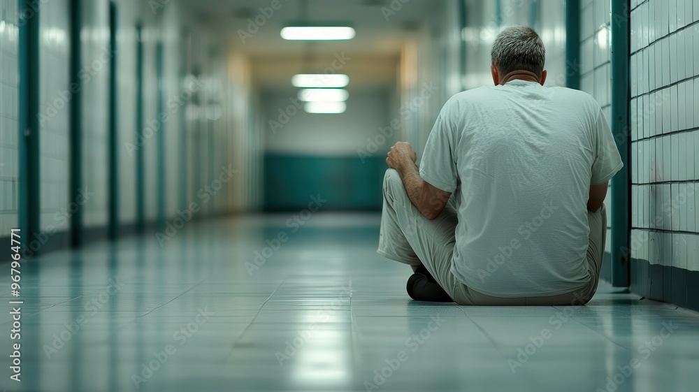 Inmate sitting alone in a dark, cramped solitary confinement cell ...