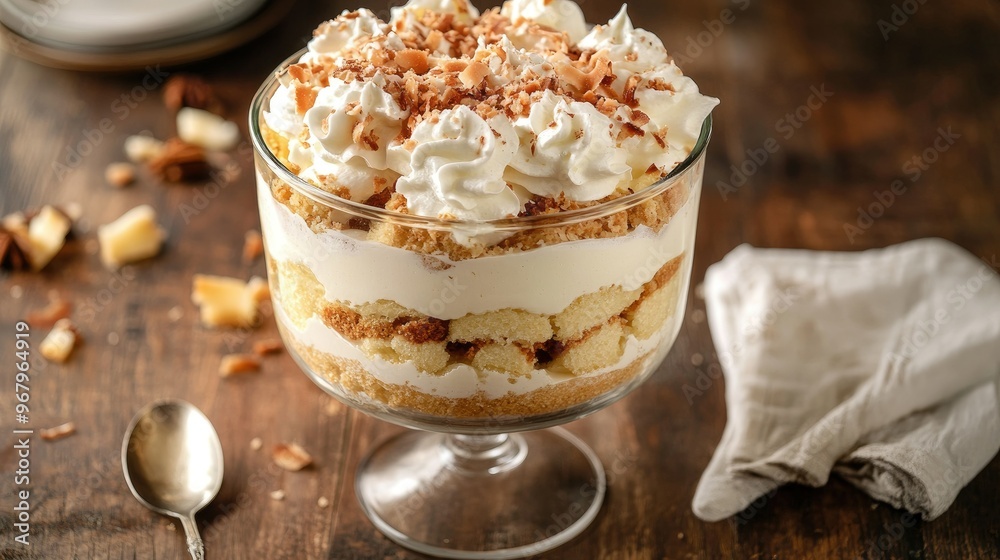Elegant trifle with layers of biscuit dough, smooth custard, and ...