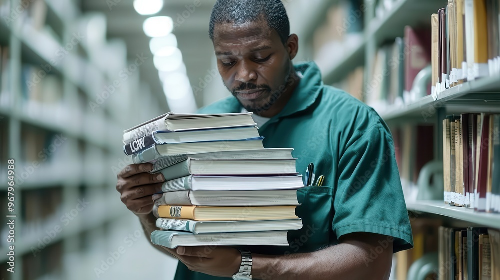 Inmate studying law books in a dimly lit prison library, preparing for ...