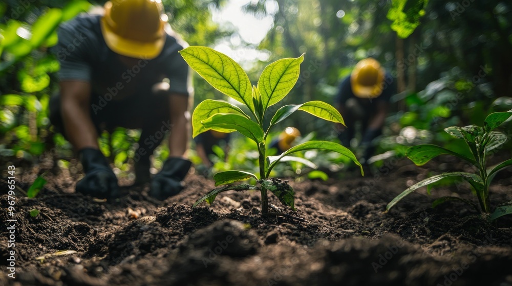 Team planting trees in a dense forest to restore the ecosystem ...