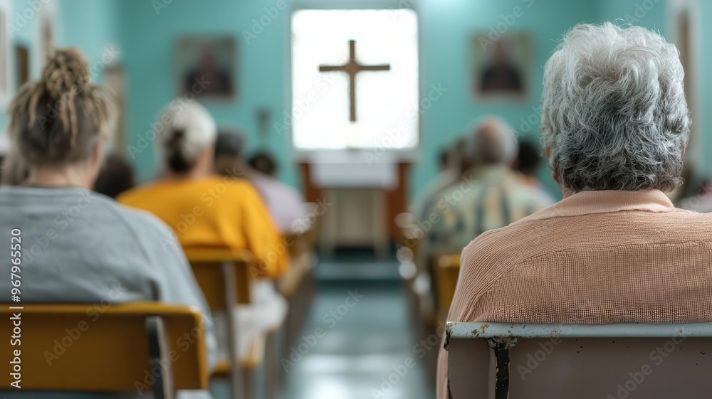 Inmates attending a religious service in a small chapel, Prison ...