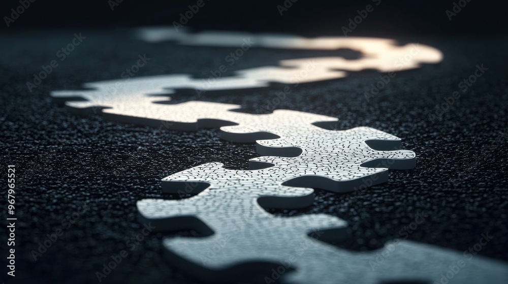 A road made of interlocking puzzle pieces, with one segment illuminated ...