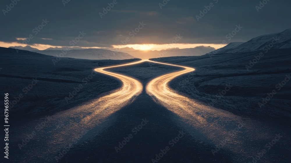 A road split into two paths, one fading into the distance while the ...