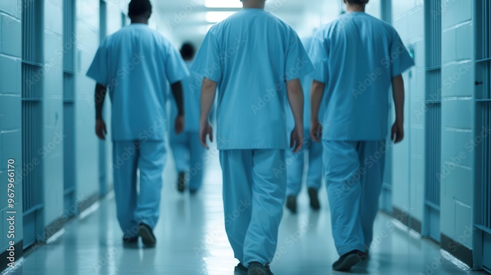 Inmates walking in line through a prison hallway, wearing identical ...