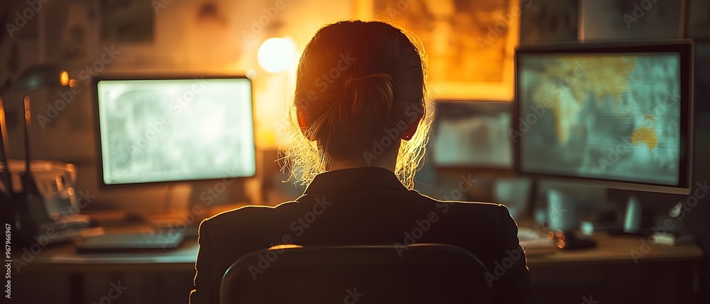 Overhead view of a command center with multiple computer monitors and ...