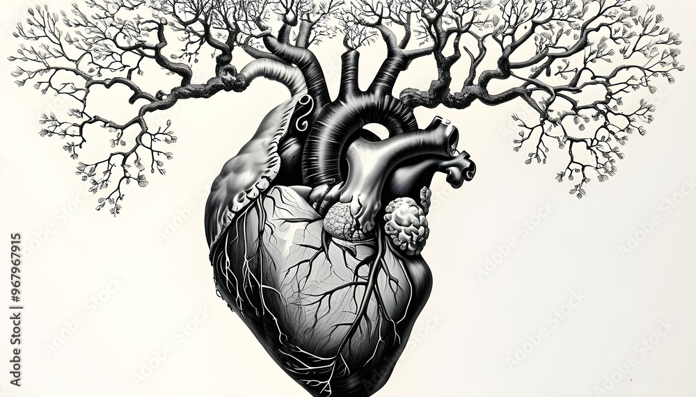 Artistic Black and White Illustration of an Anatomical Heart with ...