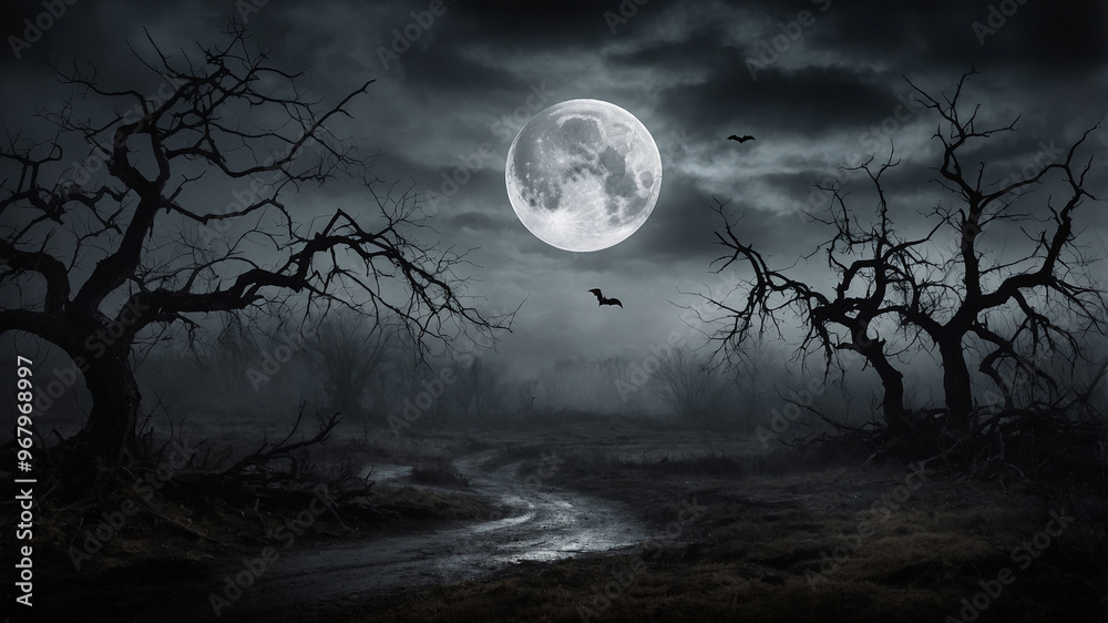 Spooky night with a full moon, dark twisted trees, and distant bats ...