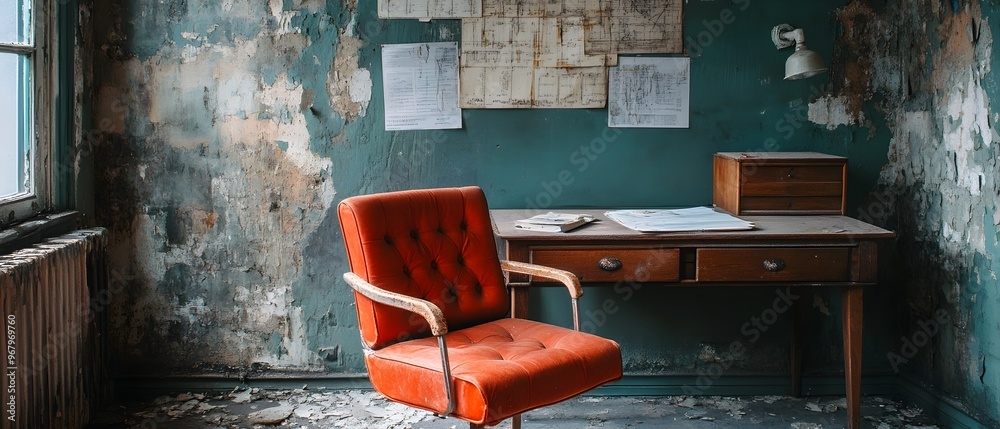 Vintage Interrogation Room with Rustic Desk Decaying Walls and ...