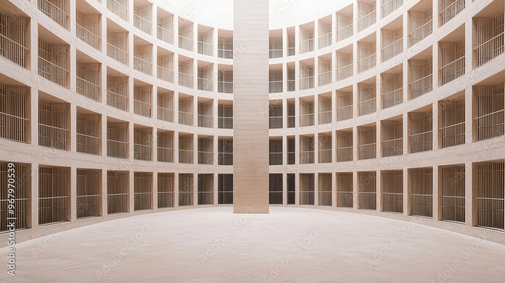 Rows of prison cells in a circular block, watched over by a single ...