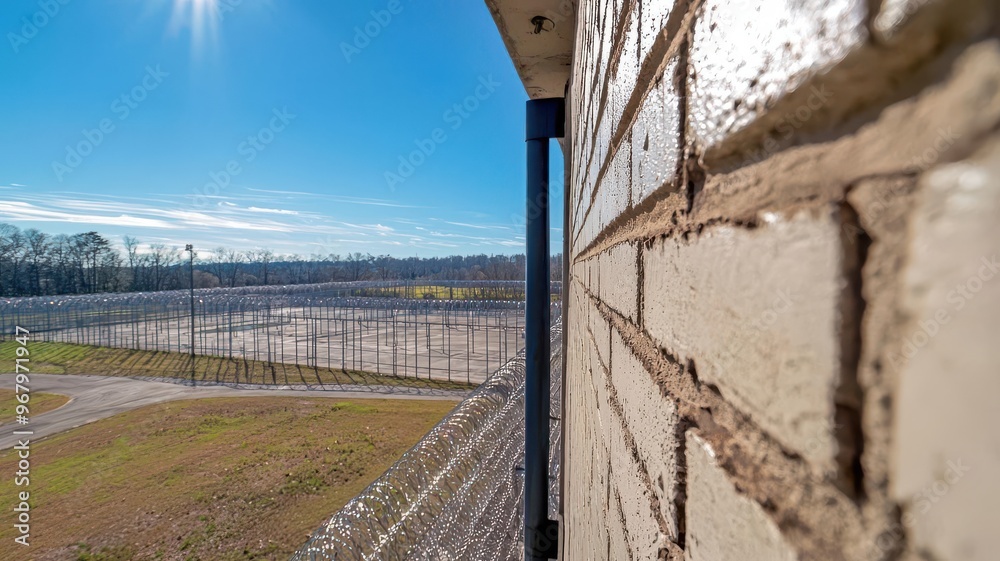 View from a prison watchtower, overlooking the yard and surrounding ...