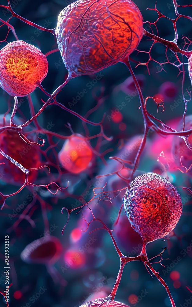 Stem cell structure with artery-like veins and erythrocytes, close-up ...