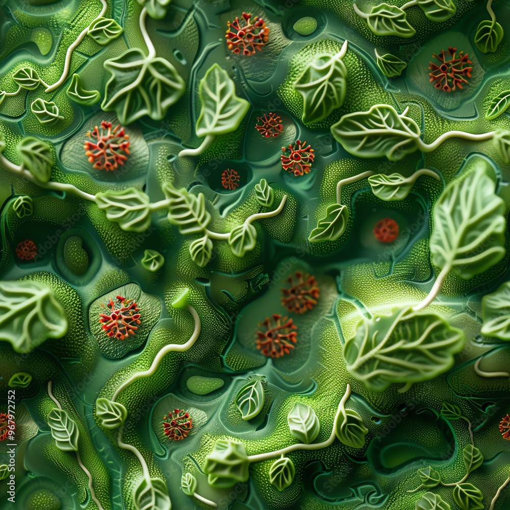 Microscopic artery surrounded by leaf cells, erythrocytes passing ...