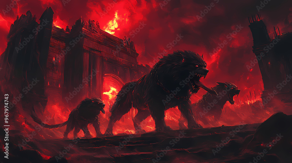 Powerful hades in the underworld with cerberus guarding, exuding ...