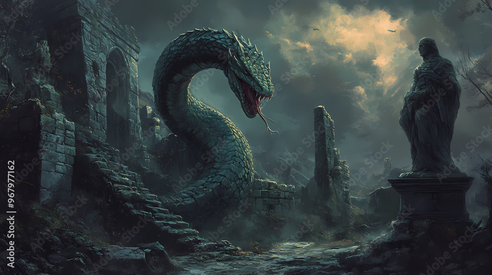 Myth of the basilisk a deadly serpent with a petrifying gaze ancient european folklore shadowy ...