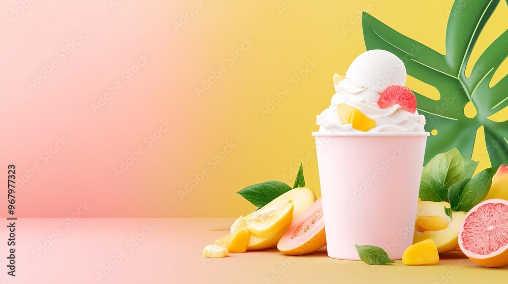 Ice cream tub mockup with a seamless fruit pattern design, vibrant and ...