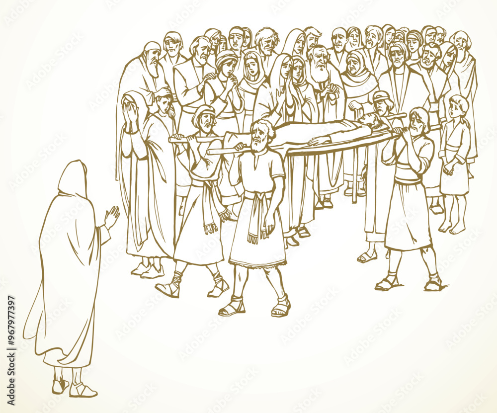Vector drawing. Funeral of the son of a widow Stock Vector | Adobe Stock