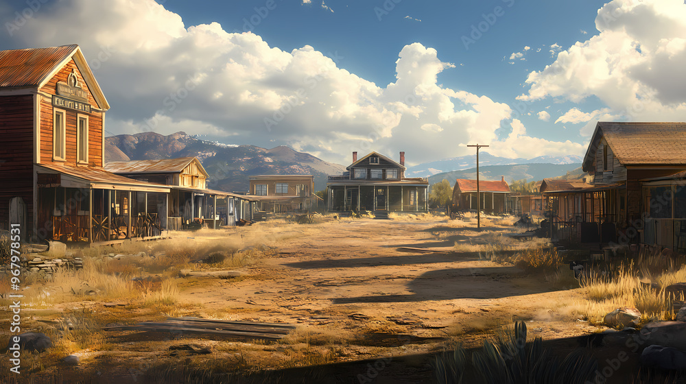 Old west town , an old west ghost town, weathered buildings, stark ...