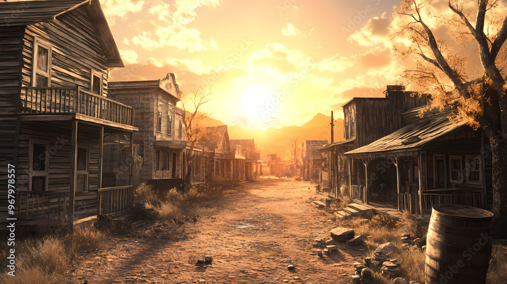 Old west town , an old west ghost town, weathered buildings, stark ...
