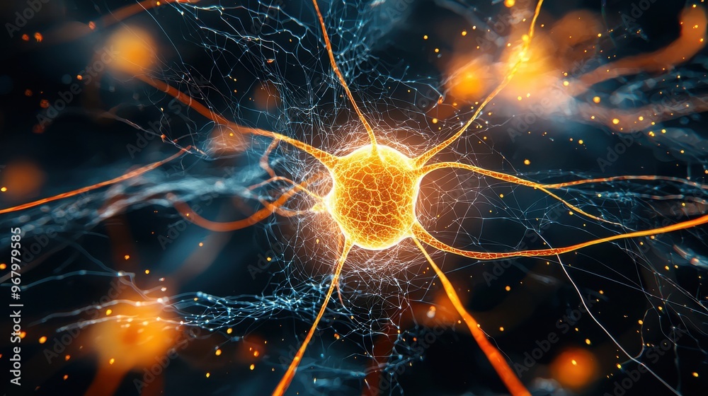 Abstract Positive Charge: A glowing spark jumping between brain neurons ...