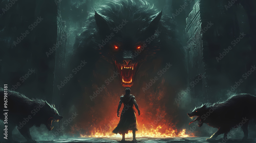 Powerful hades in the underworld with cerberus guarding, exuding mystery and fear. Cerberus ...