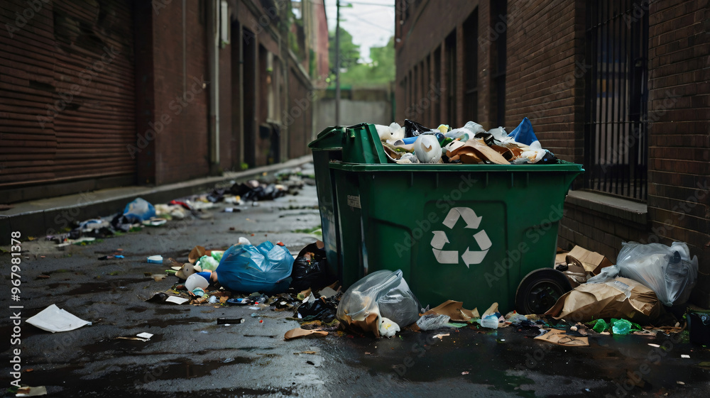 Overflowing trash and recycling bins with black bags spilling rotting ...