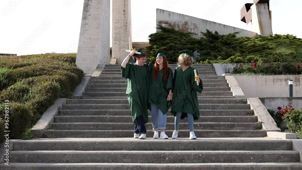 Three young adults in green graduation gowns walk down concrete stairs ...