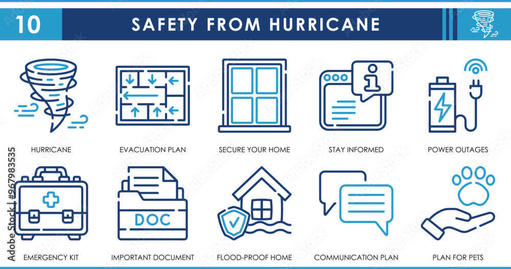 A set of line icons related to Safety from Hurricane. Hurricane ...