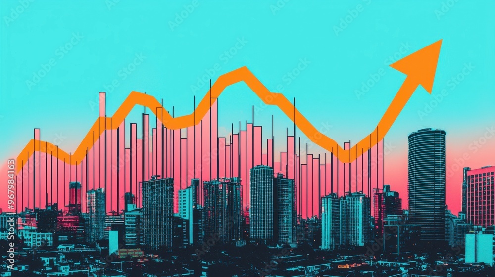 An abstract skyline made of bar charts and line graphs, with a bright ...