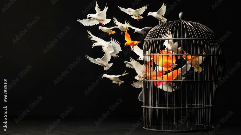 Caged Mind Releasing Doves: A brain-shaped cage with birds representing ...