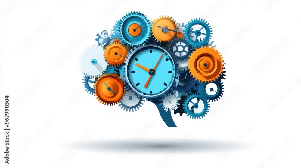 Clockwork Strategy: A human brain overlaid with gears and clock hands, each gear representing ...