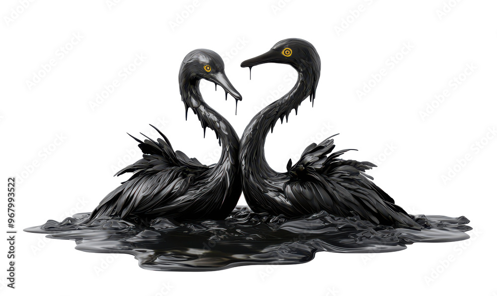 Duck coated in oil struggles amidst polluted waves, highlighting marine ...