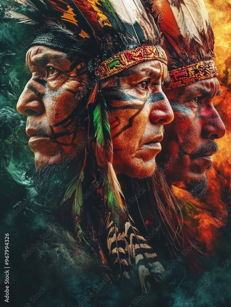 Native American warriors, dressed in traditional tribal attire with ...
