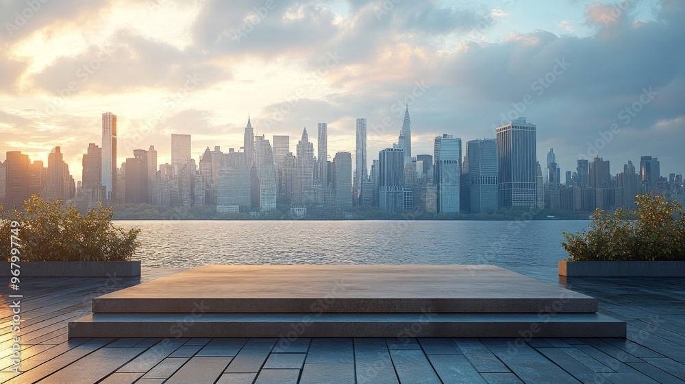 Outdoor podium on stage with vibrant city skyline backdrop, ideal for ...
