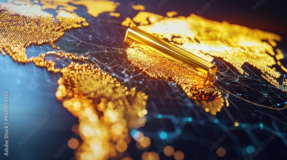 Golden Map of Global Financial Security: A gold bar shining on a global ...