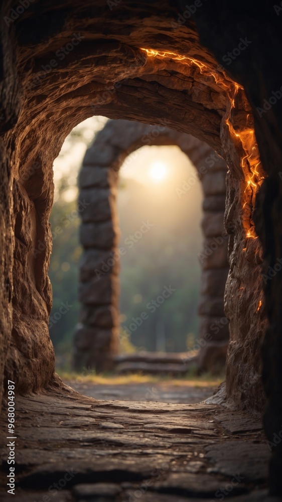 A portal shaped like an ancient keyhole, opening to a world of shifting ...