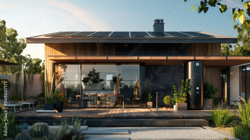 Solar Water Heater System on Modern Suburban Home Roof - Renewable ...