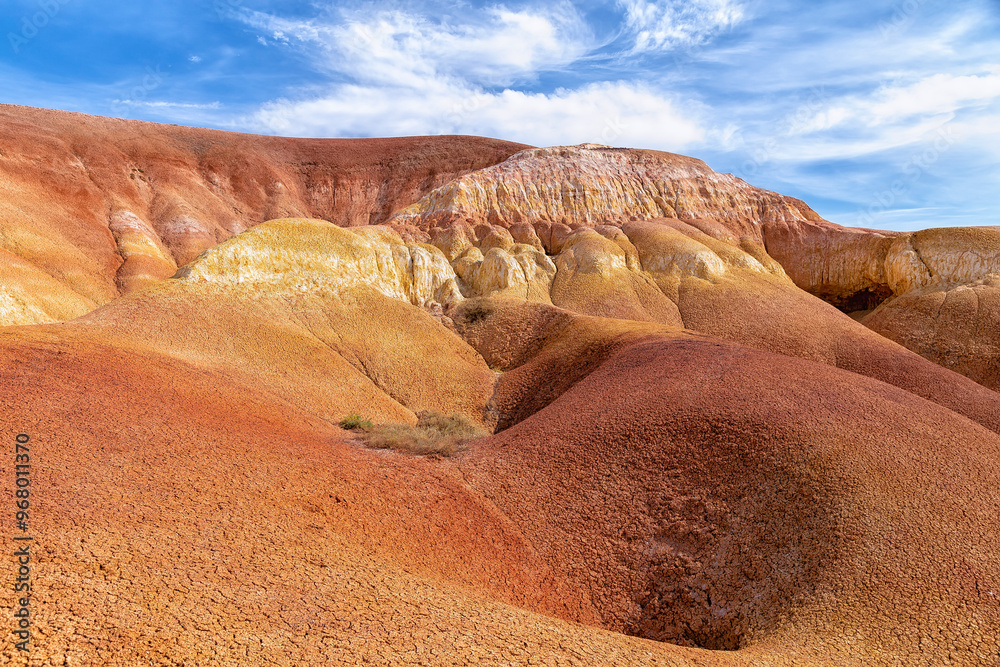 Akzhar Ulytau chalk mountains in the desert of Kazakhstan. Rare sandy ...