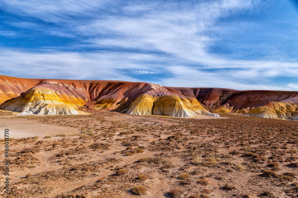 Akzhar Ulytau chalk mountains in the desert of Kazakhstan. Rare sandy ...