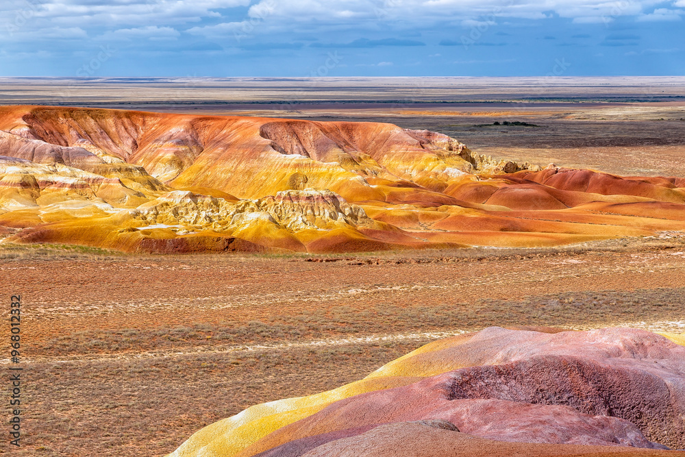 Akzhar Ulytau chalk mountains in the desert of Kazakhstan. Rare sandy ...