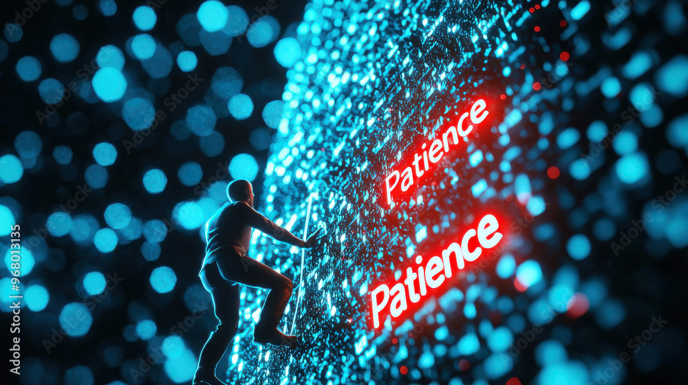 Patience and Persistence: A business figure climbing a tall, abstract ...