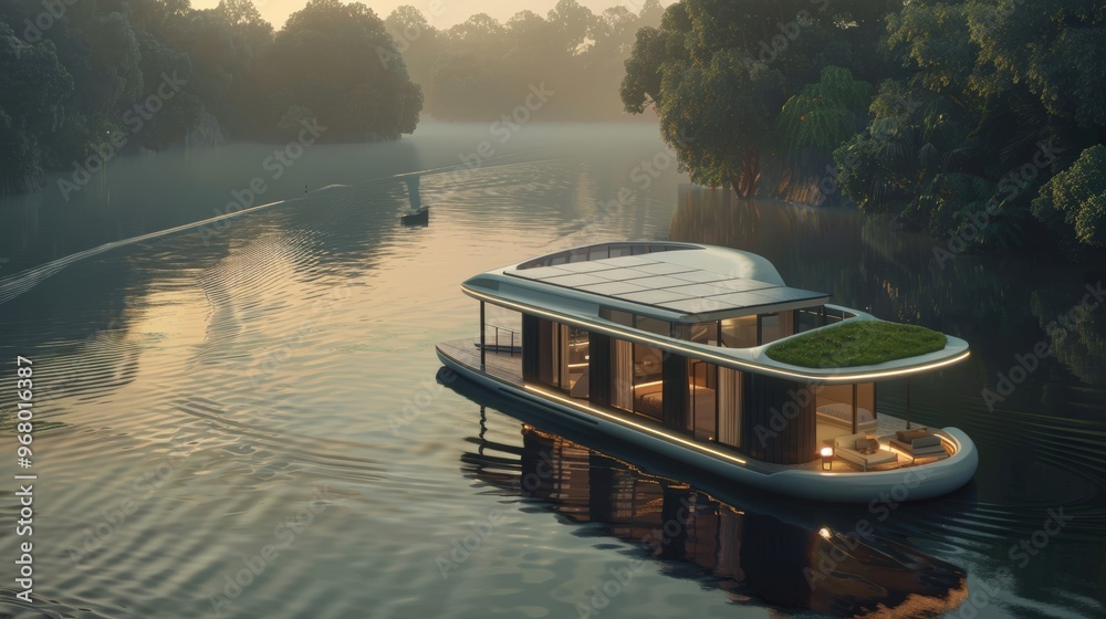 Autonomous solar-powered houseboat on a serene lake, ideal for ...