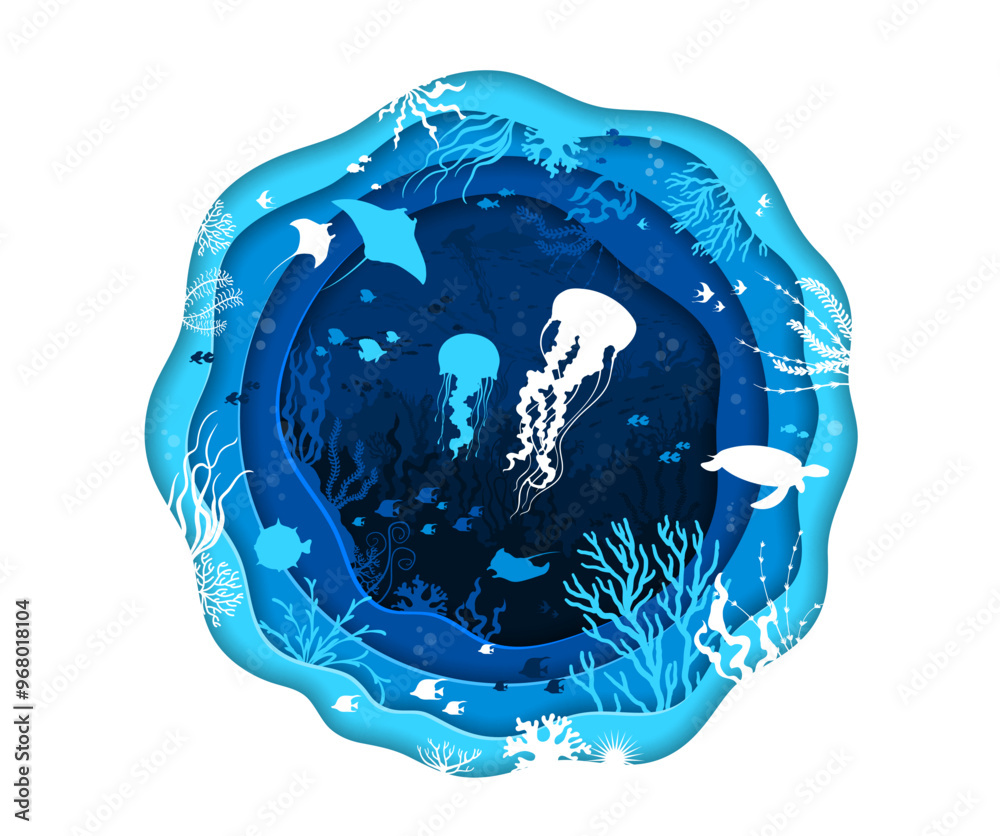 Paper cut sea underwater landscape with animal silhouettes. Manta ray ...