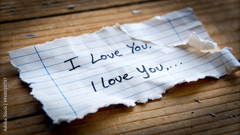 Old torn paper with "I Love You" handwritten, wooden surface, romantic ...