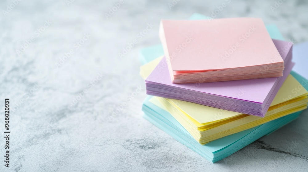 Colorful sticky notes arranged on a white desk surface with realistic ...