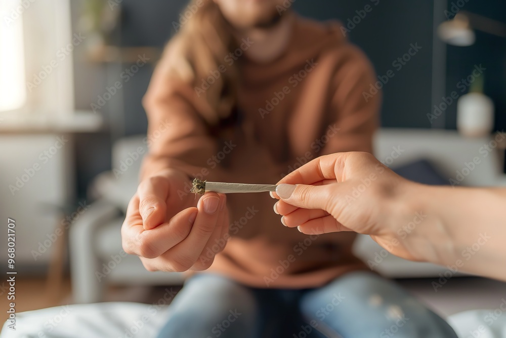 Two friends share a hand-rolled joint in a relaxed, cozy setting ...