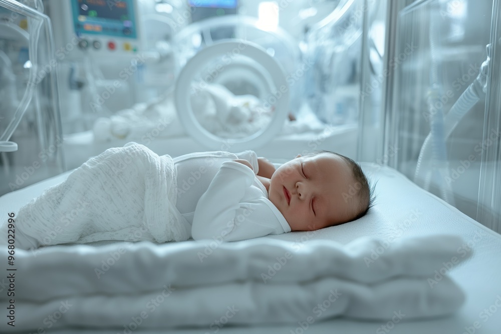 Newborn baby in neonatal intensive care unit. A tender depiction of ...